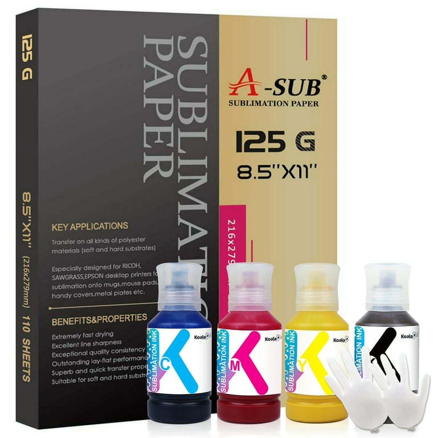 A-SUB Sublimation Paper and Ink Bundle for Epson Printers - 8.5x11 Paper 125g + 150MLx4 Ink ...