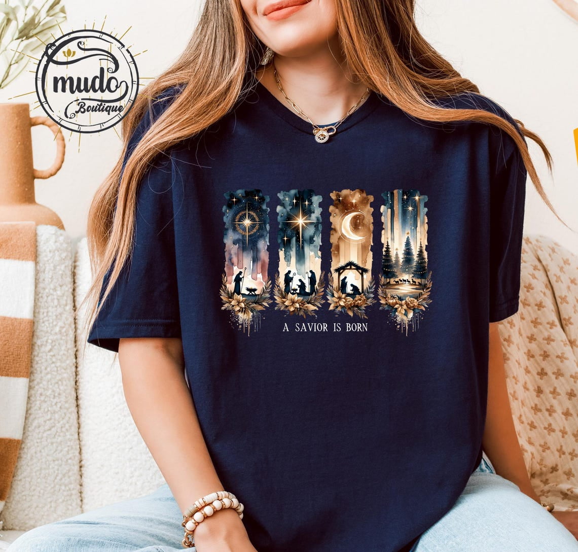 A Savior Is Born T-Shirt: Religious Christmas Nativity Scene Watercolor ...