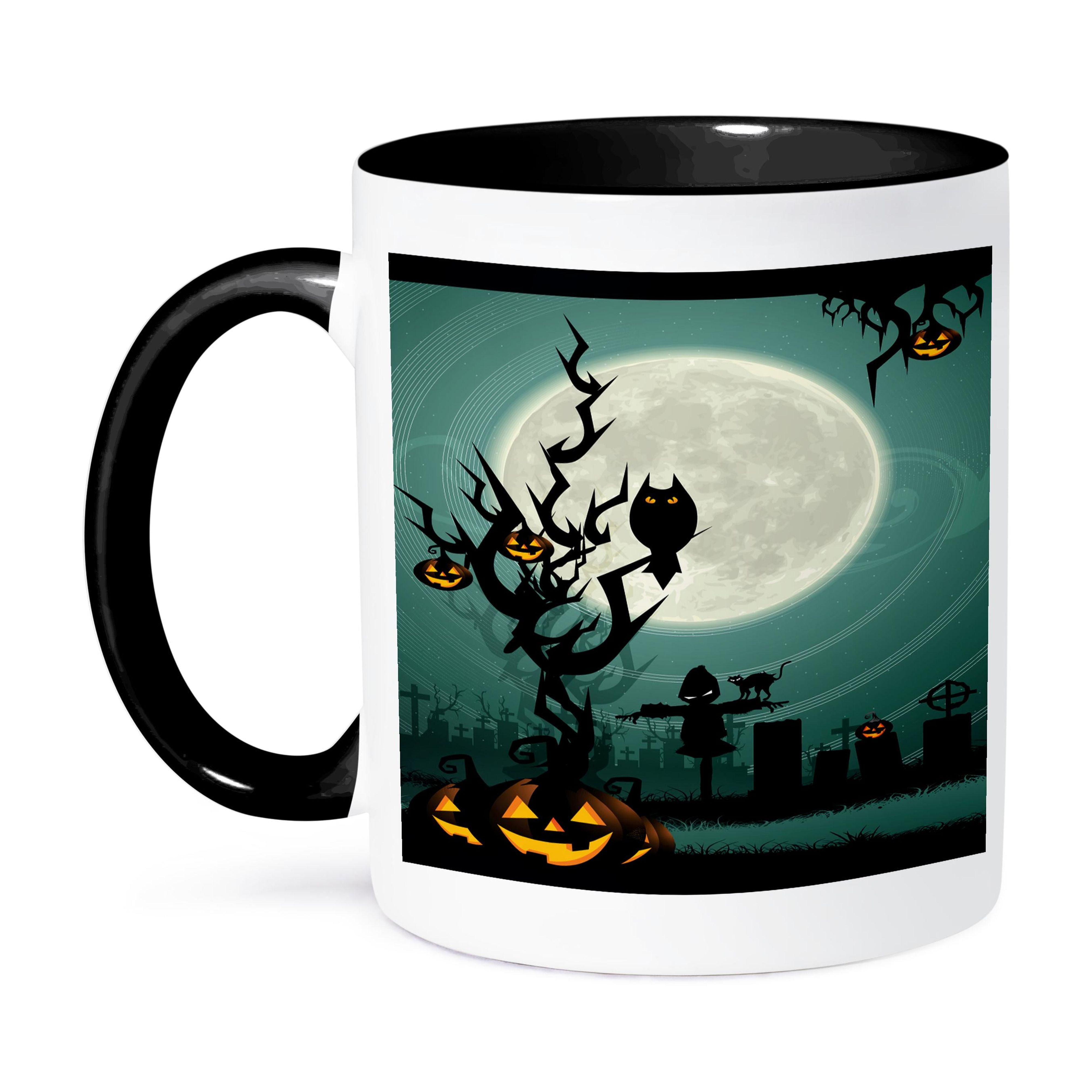 3dRose, A Scary Halloween Scene With A Pumpkin, Haunted Tree Under A Big White Moon, 11oz Two ...