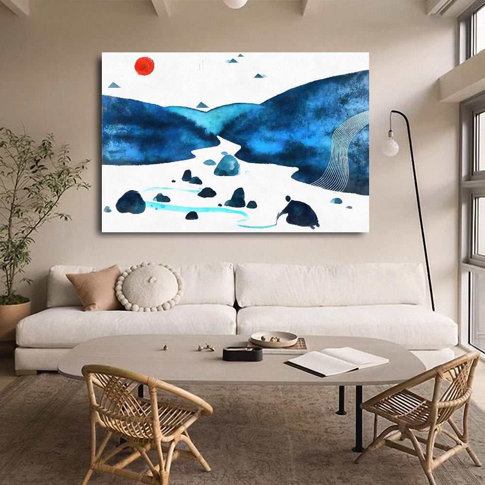 A Serene Natural Scene Featuring A Radiant Red Sun, Blue Mountains, And ...