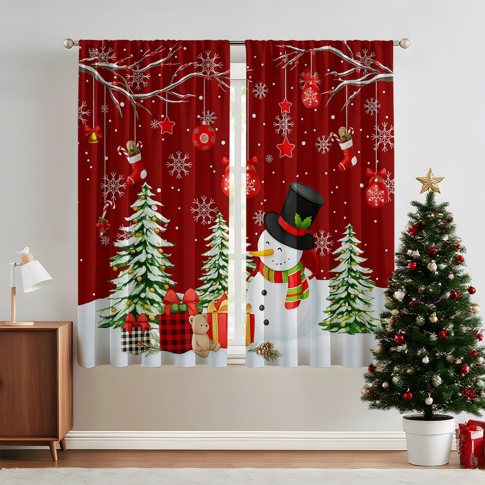 A Set Of 2Pcs Christmas Tree Print Curtain Set - 65.35 Inch Polyester ...