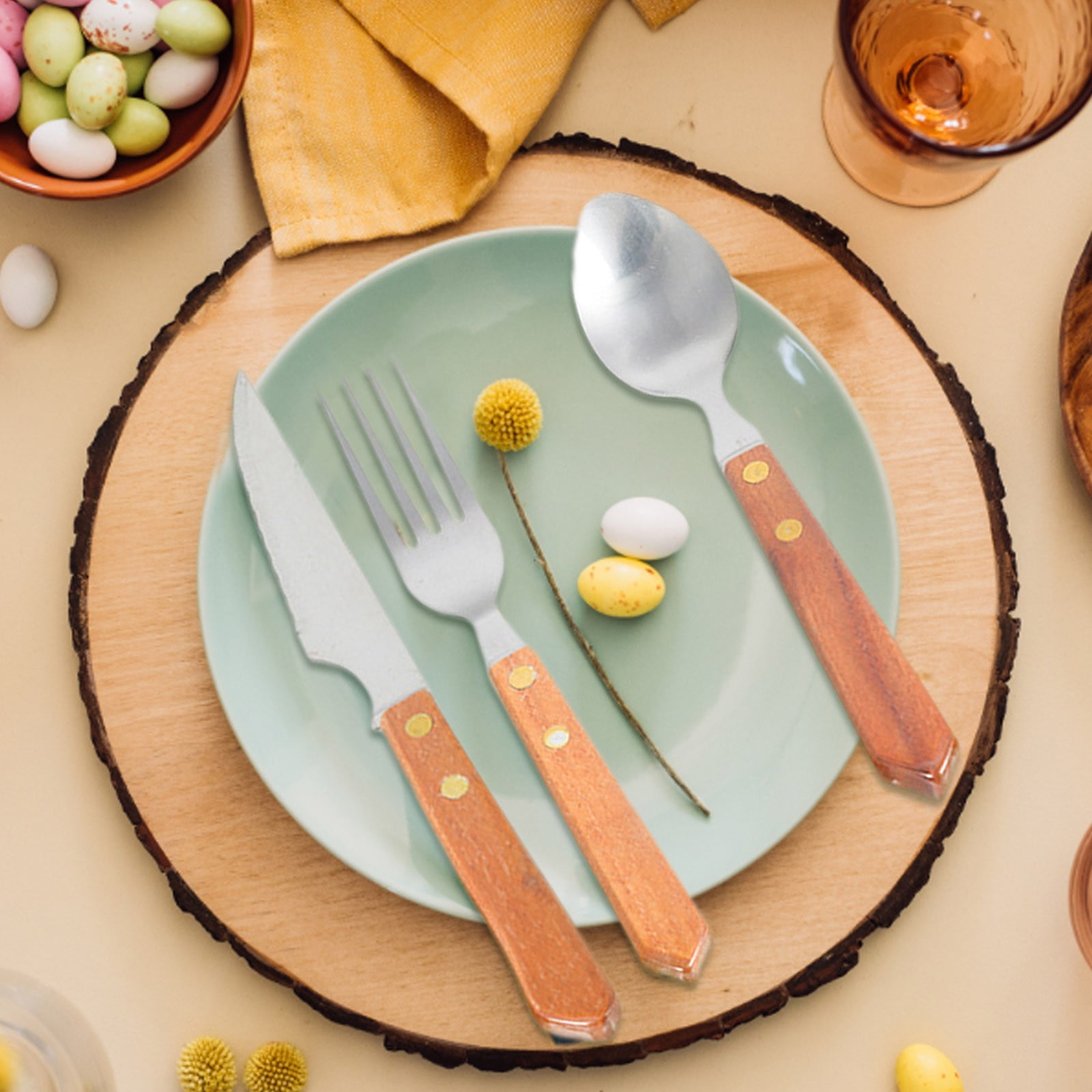 A Set Of Knives, Forks, Spoons Wooden Handle Stainless Steel Creative ...