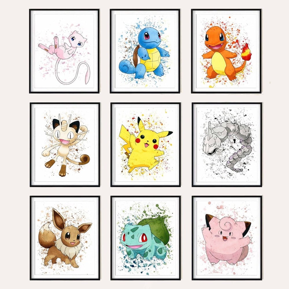 A Set of 9 Pocket Monster Cartoon Paintings Posters for Kids Bedroom ...