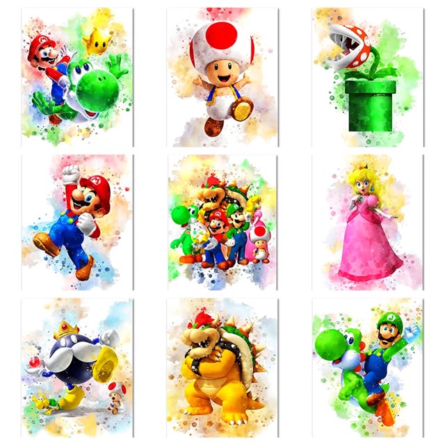 A Set of 9 Super Mario Bros Cartoon Paintings Posters for Kids Bedroom ...