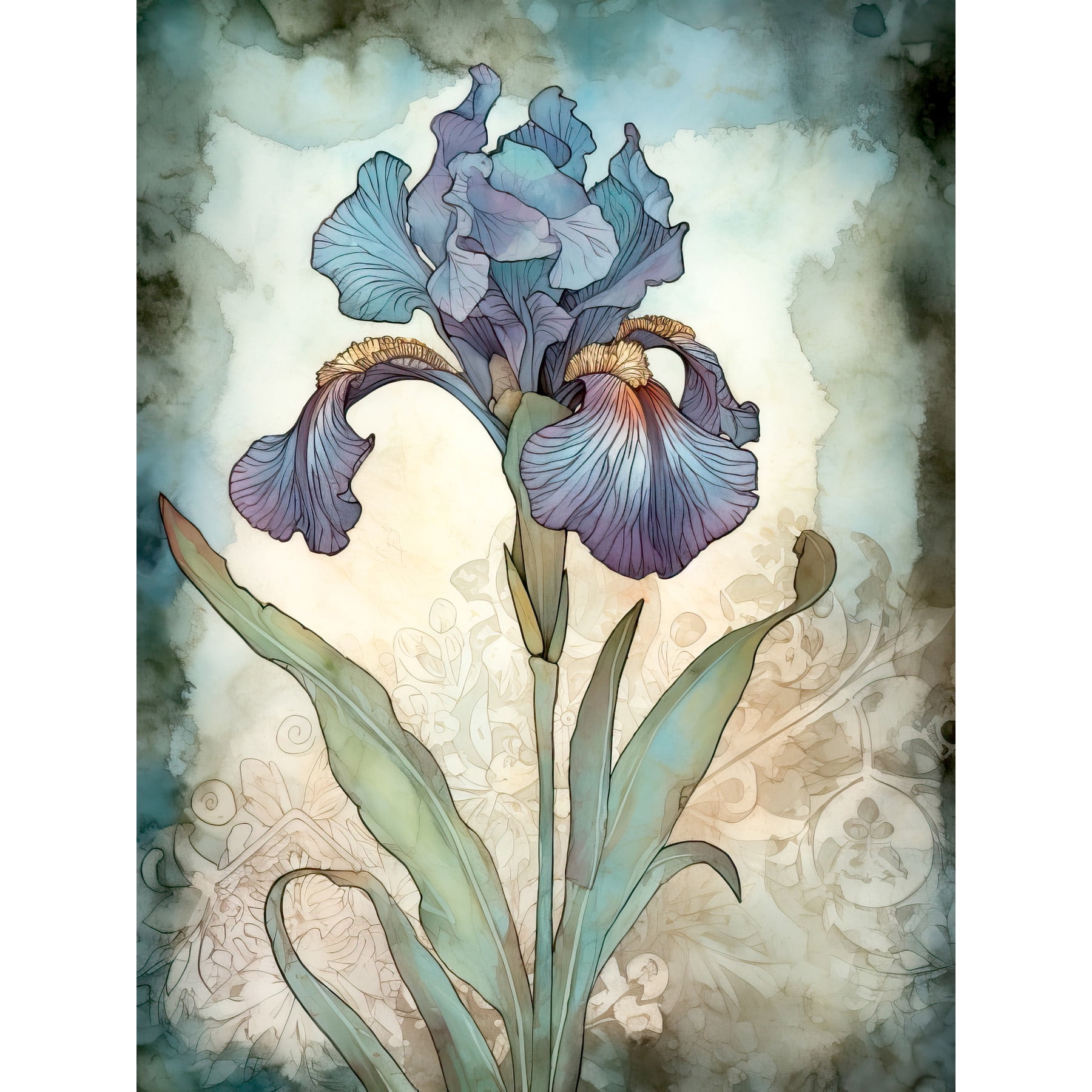A Single Iris Flower Watercolour Illustration Large Wall Art Poster ...