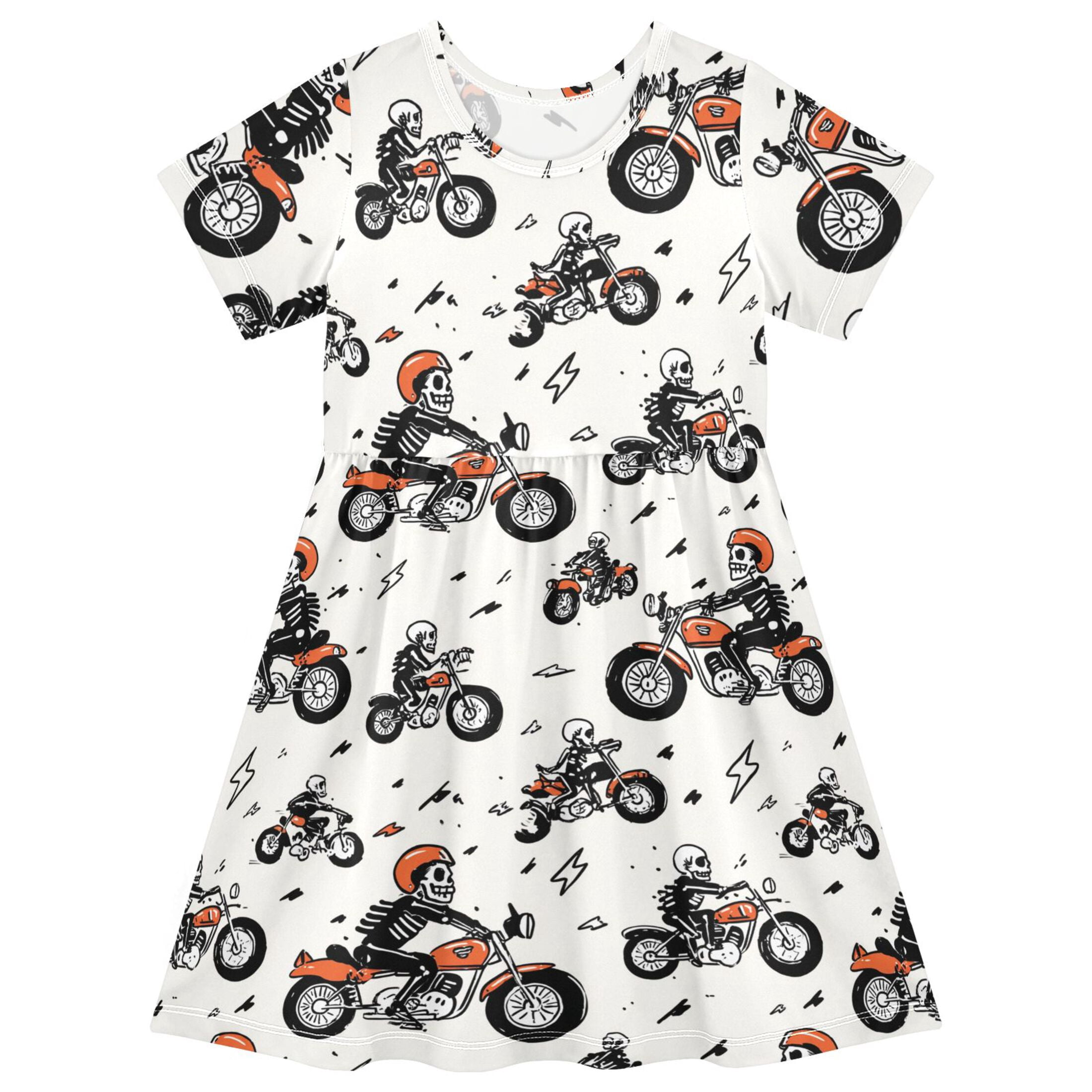A Skeleton Riding A Motorcycle Short Sleeve Dress A-Line Cute Midi ...