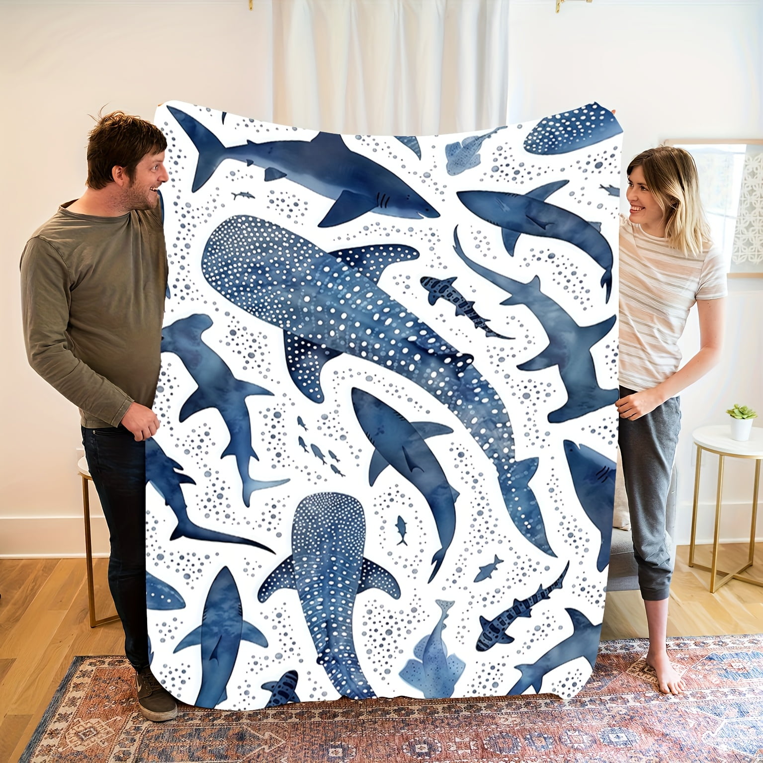 A Soft And Cozy Fleece Blanket Featuring a Marine Blue Whale Shark ...