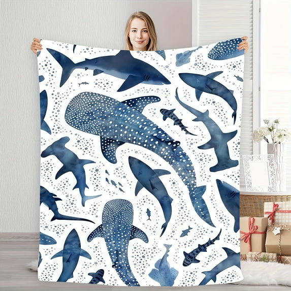 A Soft And Cozy Fleece Blanket Featuring a Marine Blue Whale Shark ...