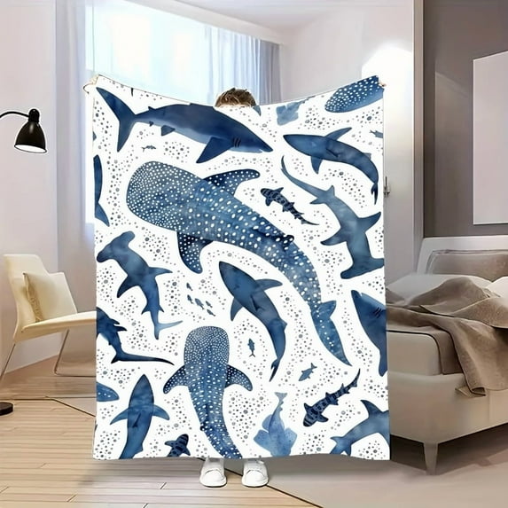 A Soft And Cozy Fleece Blanket Featuring a Marine Blue Whale Shark ...