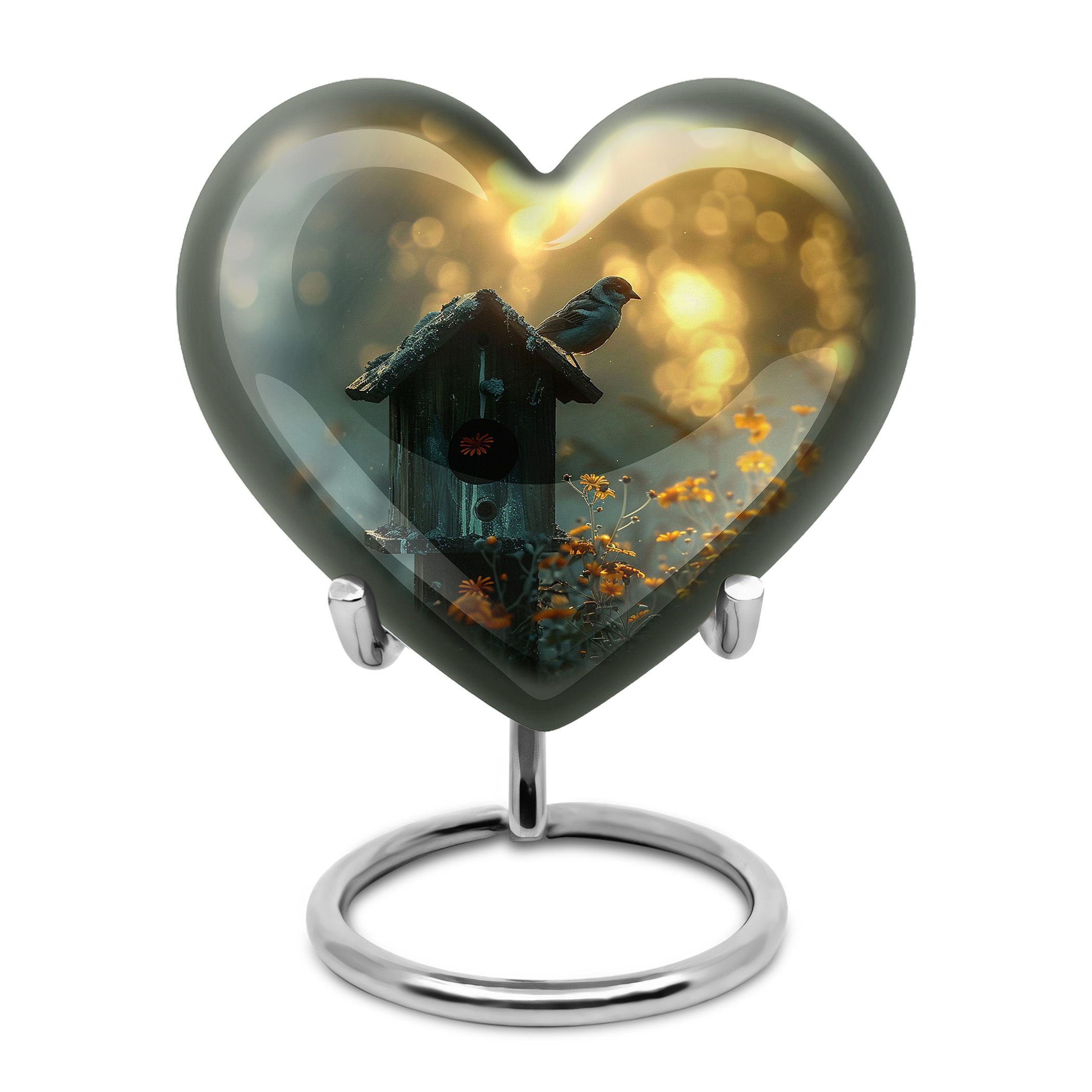 A Sparrow's Haven Amongst Golden Blooms - Heart Urn - Decorative Mini ...