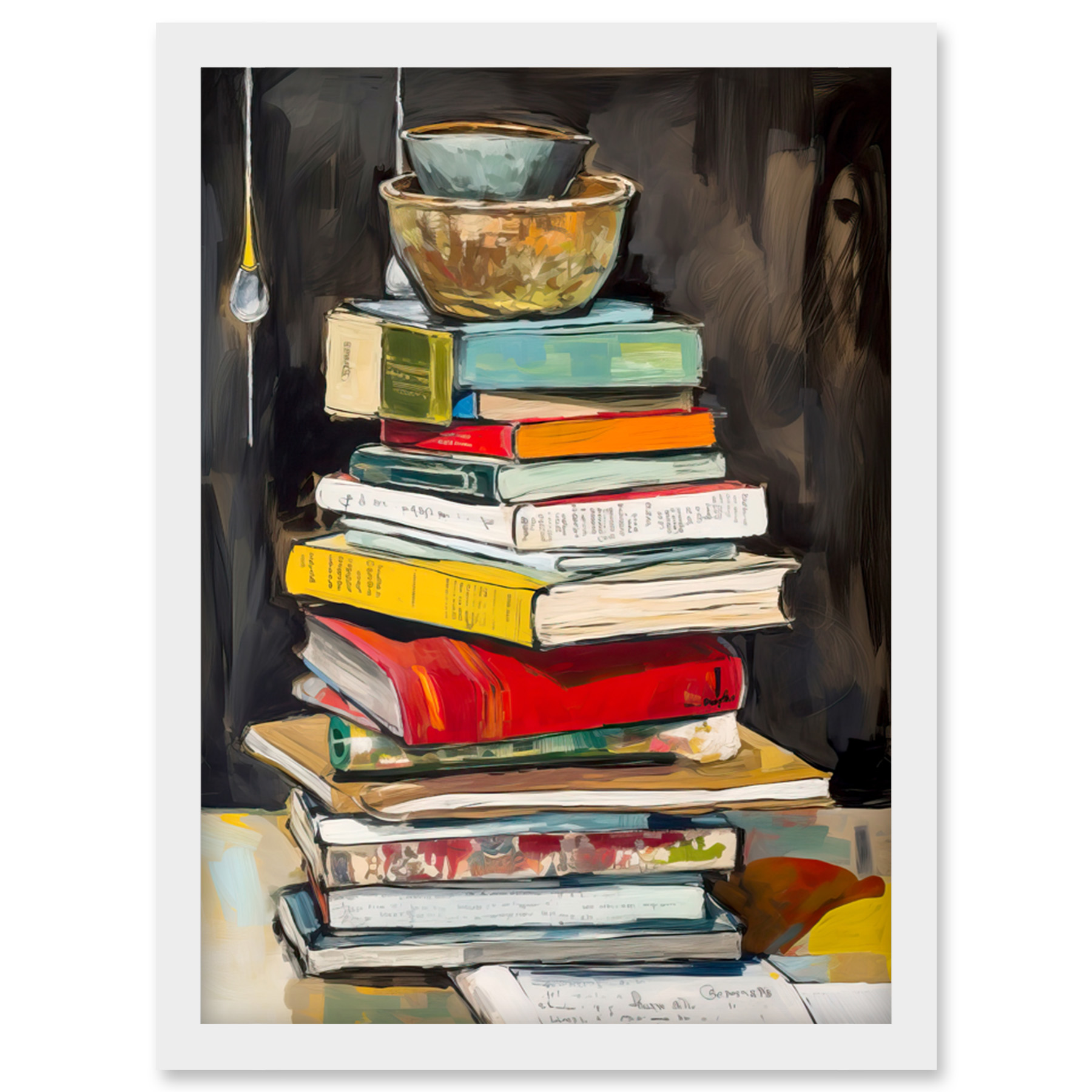 A Stack of Recipe Cookbooks with Bowls on Top Artwork Framed Wall Art ...