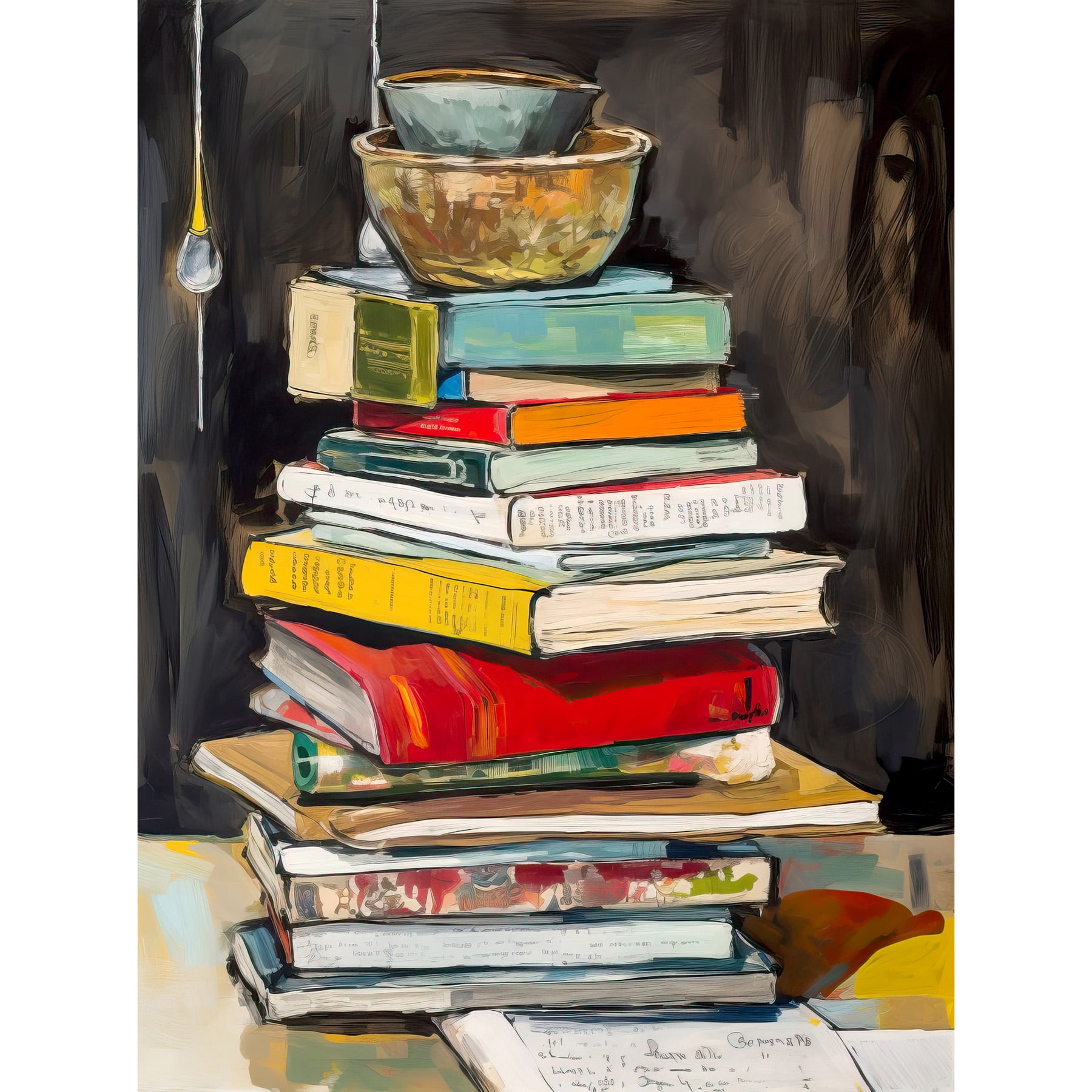 A Stack of Recipe Cookbooks with Bowls on Top Unframed Wall Art Print ...