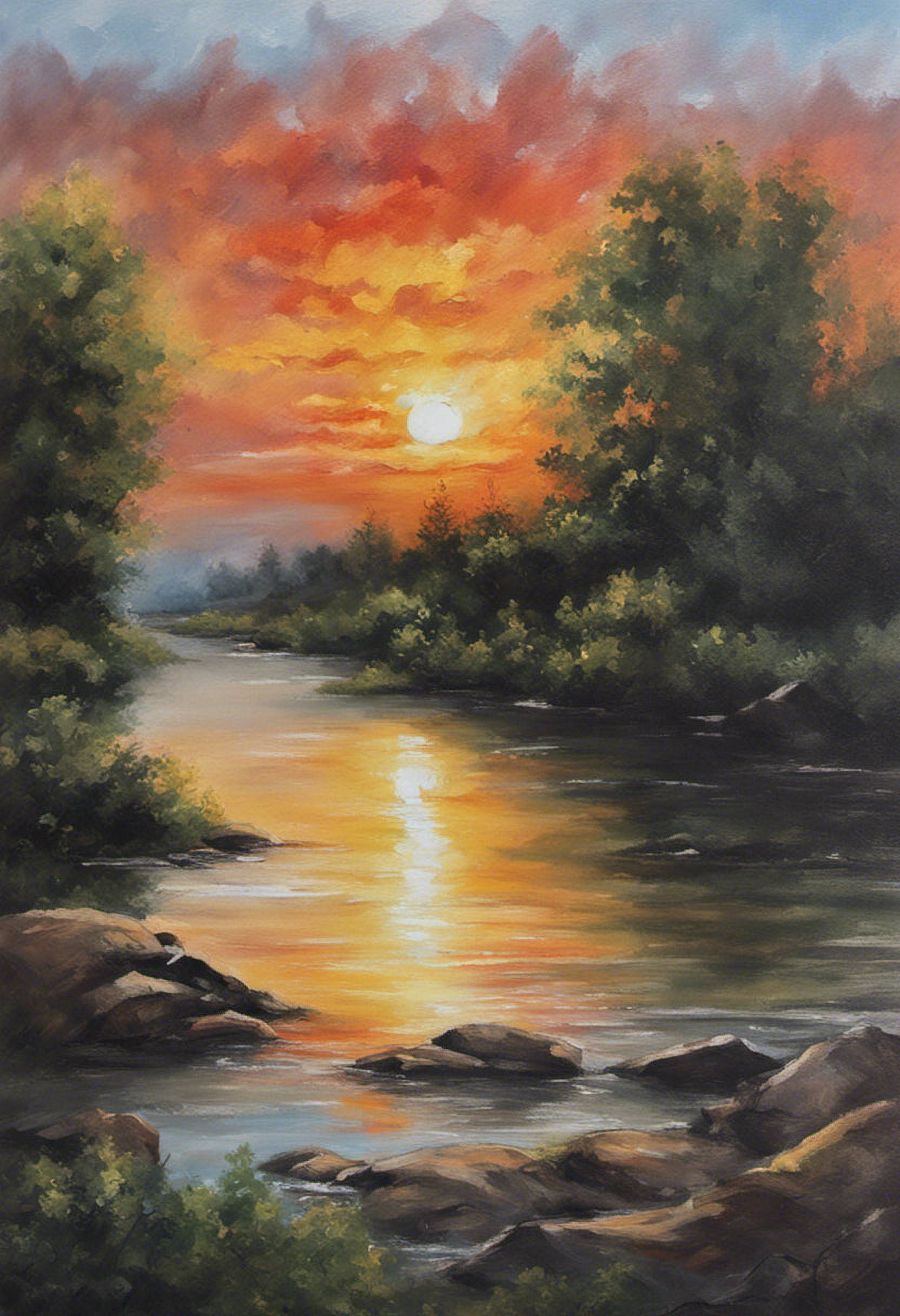 A Stream at Sunset Oil Painting I - 12" x 18" Art Print Wall Decor ...