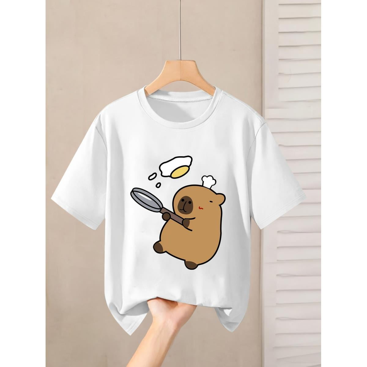 A Summer Casual Round-Neck T-Shirt Featuring a Chef Capybara Print ...