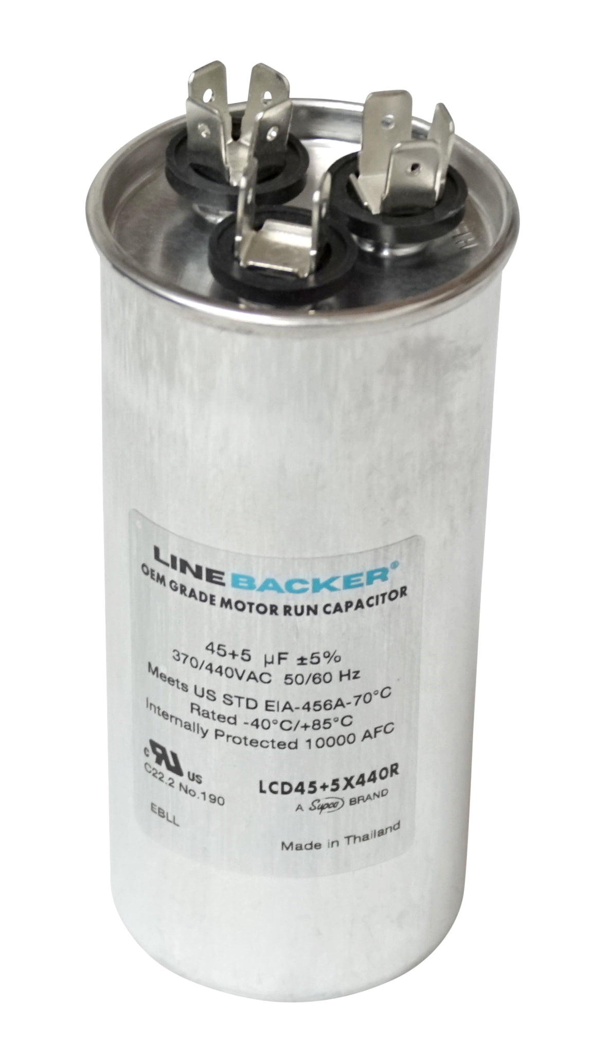 Linebacker LCD45+5X440R HVAC Round Dual Run Capacitor, 45+5 MFD 440 Volts, ISO Manufacturer ...