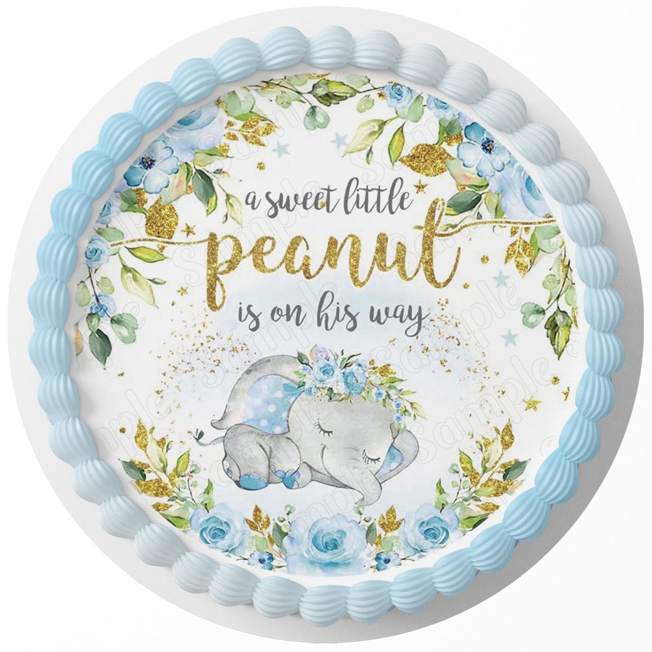 A Sweet Little Peanut Is On His Way Baby Boy Elephant Edible Cake Image ...