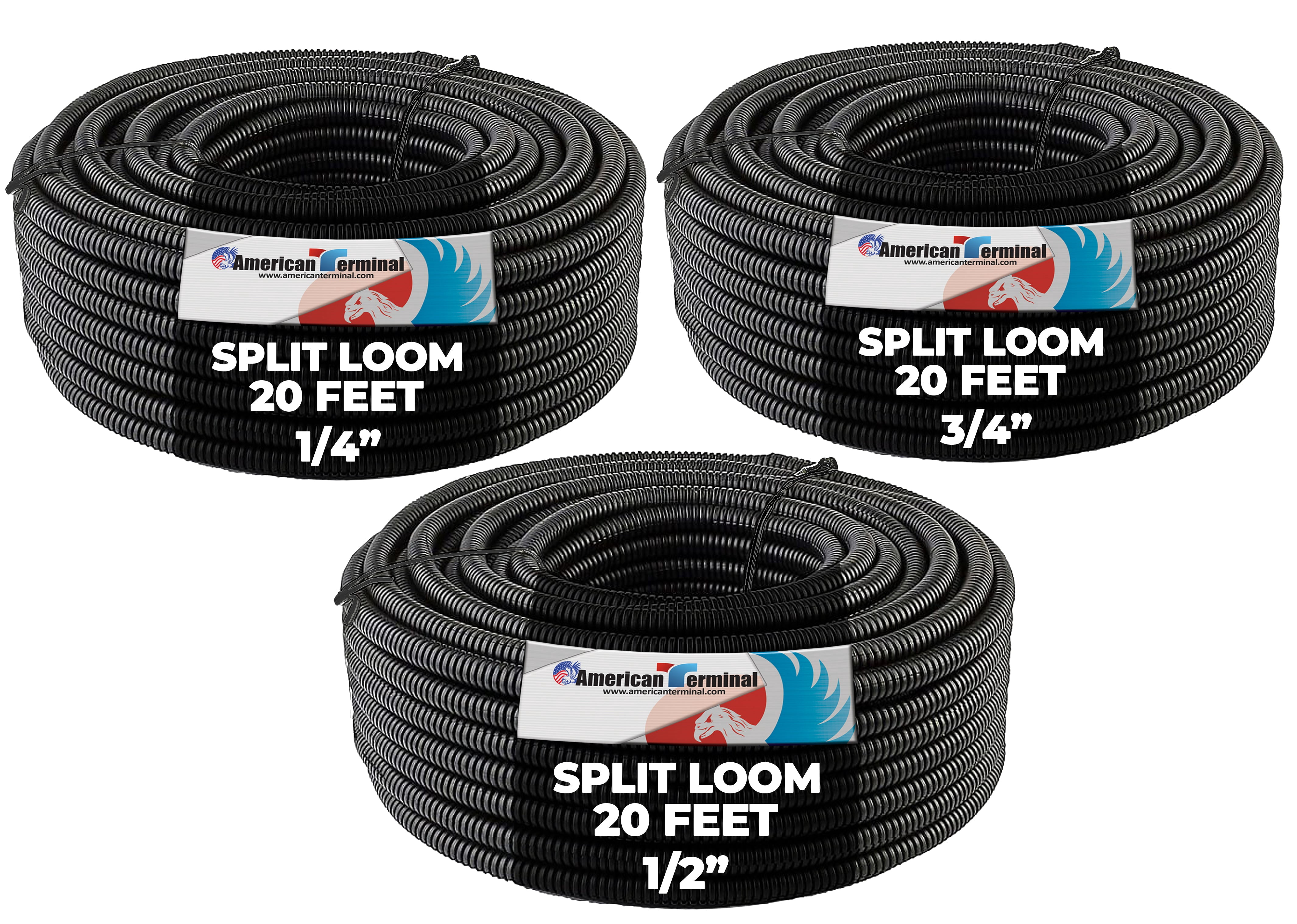 A-T 3-Pack 1/4", 1/2", 3/4" x 20 Feet Each Split Wire Loom Convoluted ...
