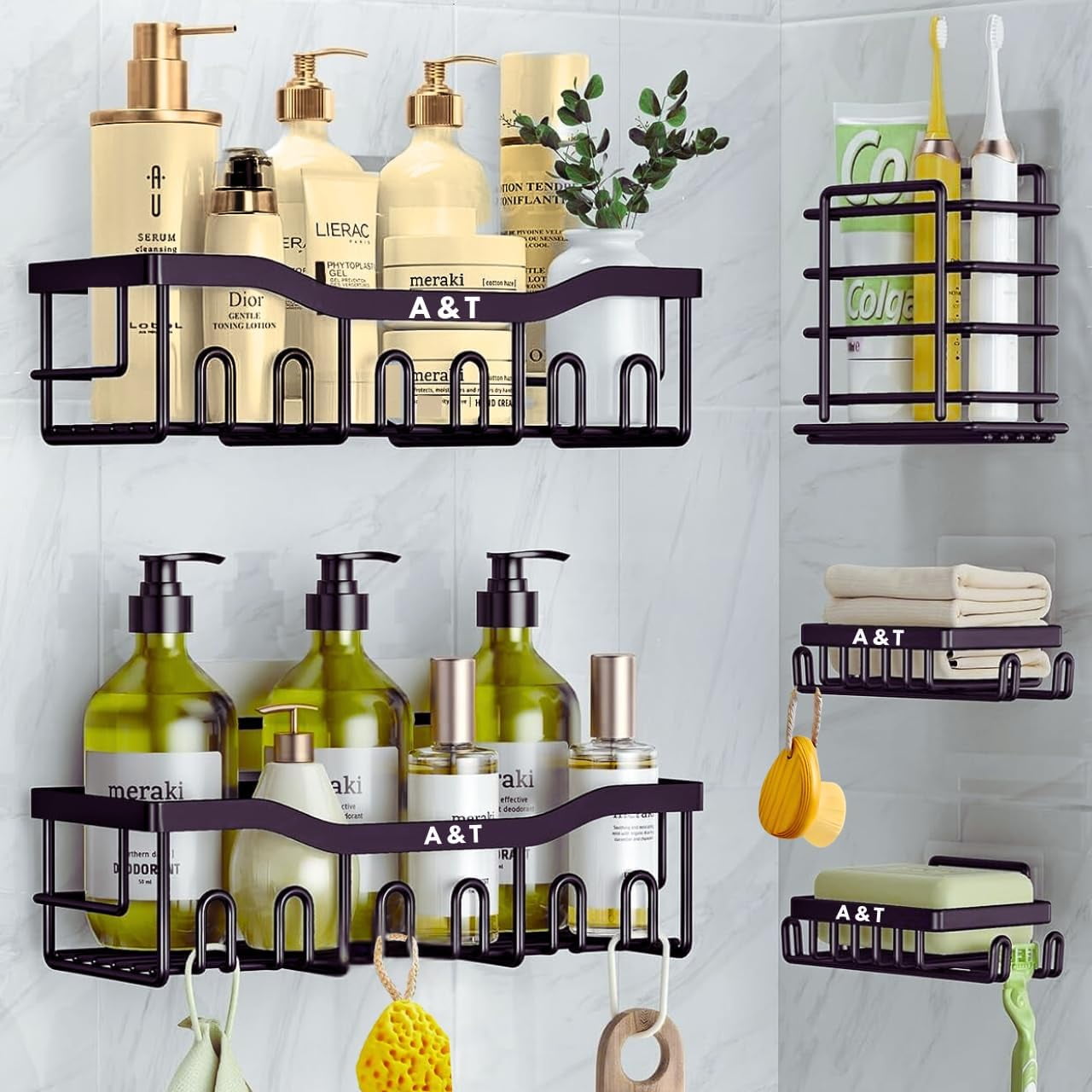 A&T Adhesive Shower Caddy 5-Pack- Rustproof Stainless Steel bathroom ...