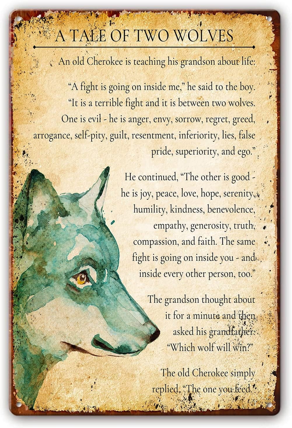 A Tale of Two Wolves Quotes Wall Art Metal Tin Sign Native American ...