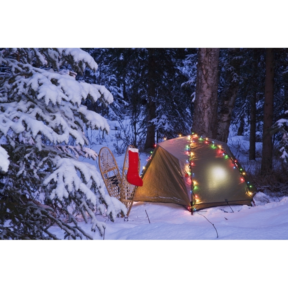 A Tent Is Set Up In The Woods With Christmas Lights And Stocking Near ...