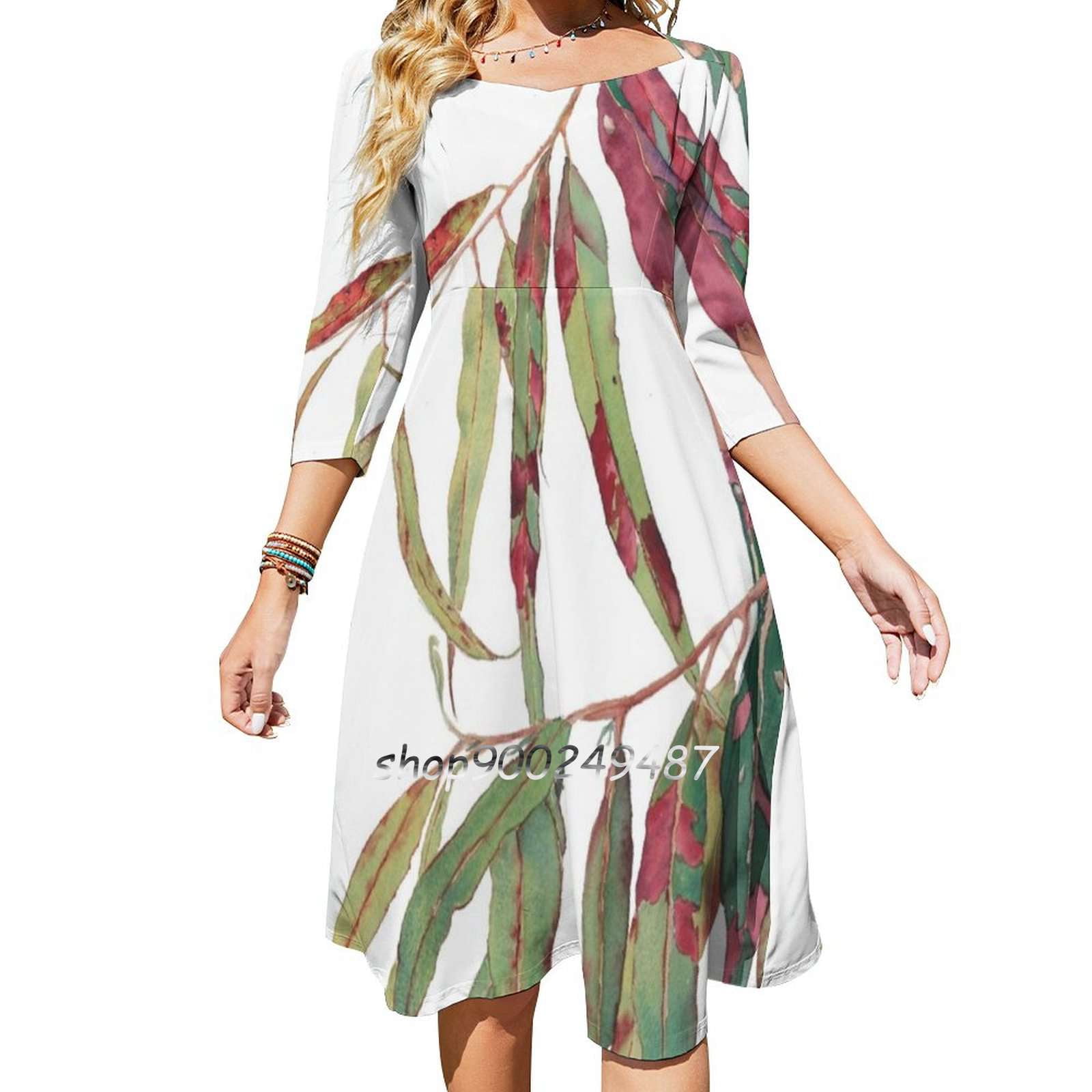 A Touch Of Red-Watercolour Of Eucalyptus Branch Square Neck Dress Sweet ...