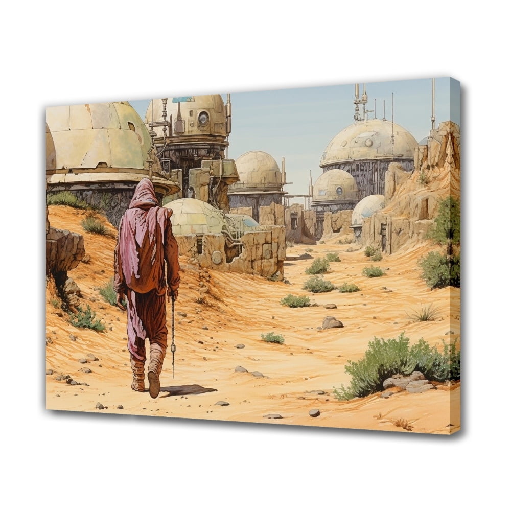 A Traveler Walks In A Desert With Futuristic Domes Under A Blue Sky ...