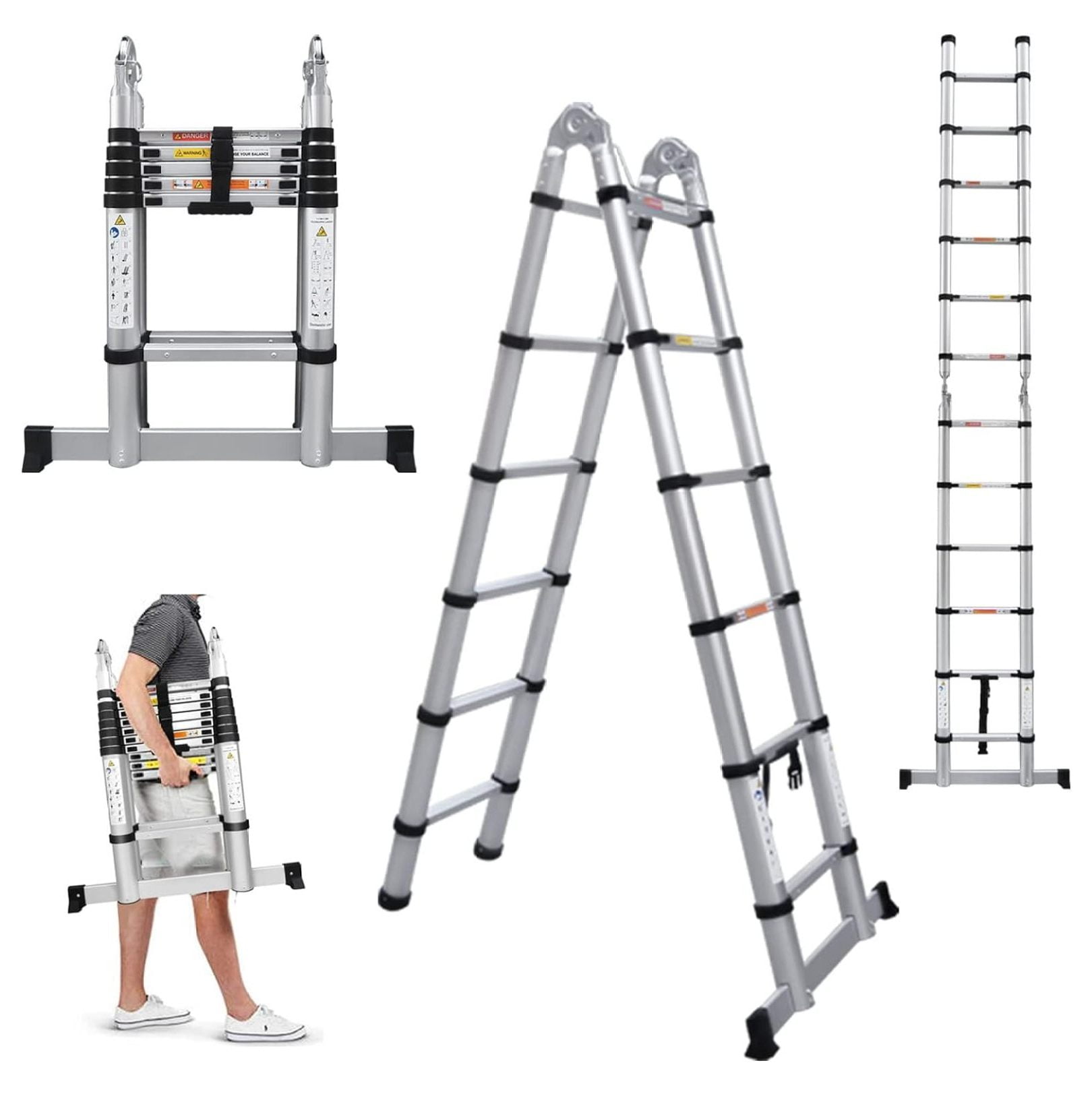 A-Type Telescoping Ladder with Stabilizer Bar, 12.5ft (6.2ft + 6.2ft) A ...