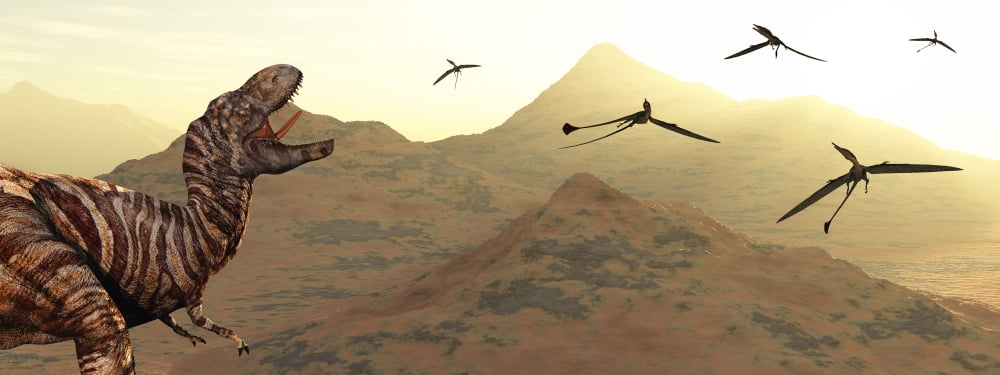 A Tyrannosaurus Rex giving a mighty roar, letting all other dinosaurs ...