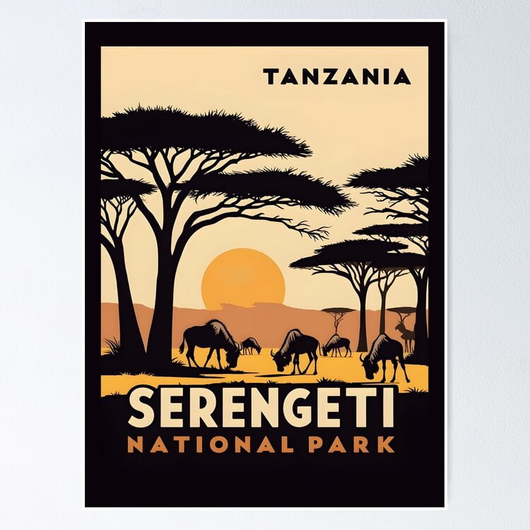 A Vintage Illustration of Serengeti National Park - Tanzania UNFRAMED ...
