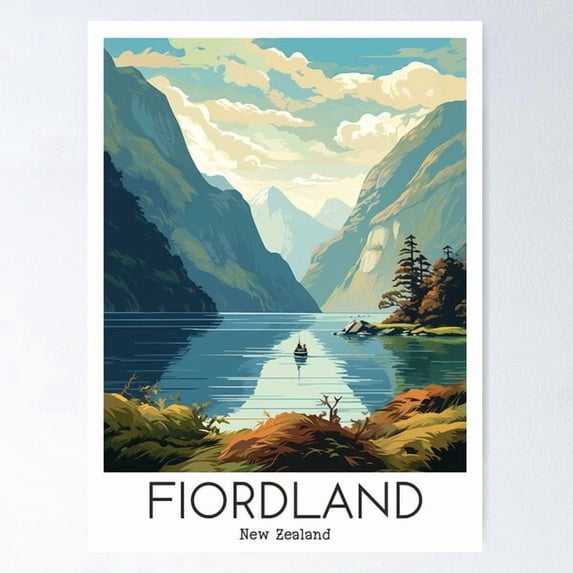 A Vintage Travel Illustration Of Fiordland National Park New Zealand ...