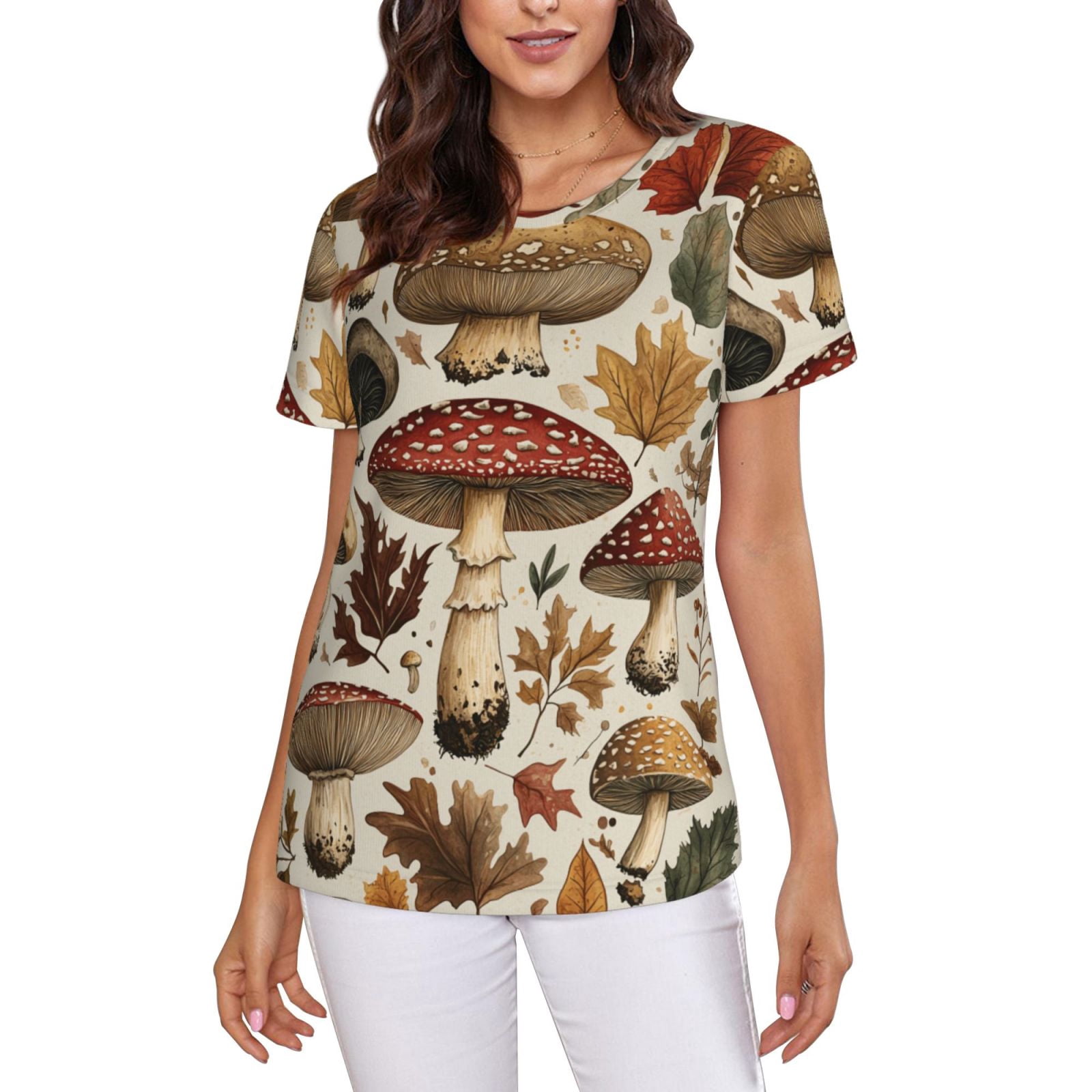 A Vintage-style Mushrooms And Leaves T-Shirt Crew Neck Short Sleeve ...