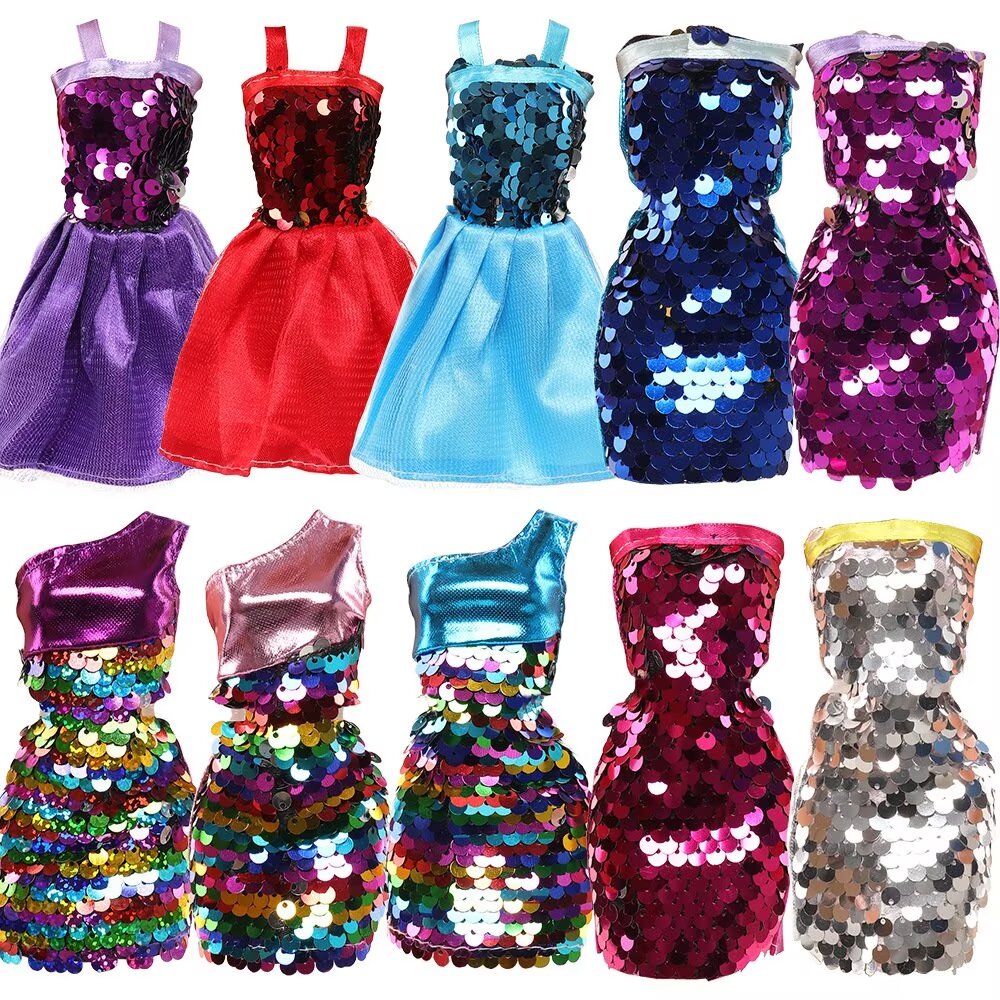 A-Waroom 10 PCS 12 inch Doll Dress Bling Bling Sequin Doll Dress Wedding Dress Trailing Skirt ...