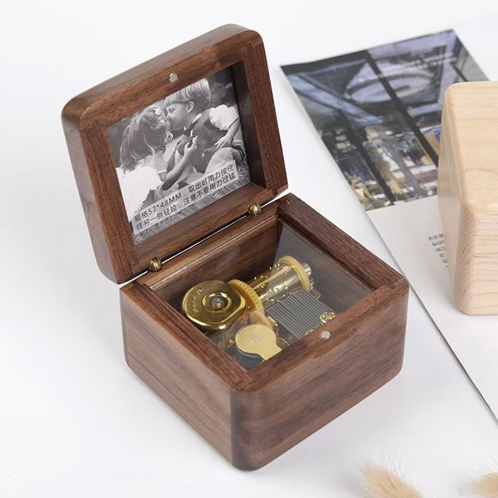A-Waroom Natural Wooden Music Box with Customizable Photos Wind Up ...