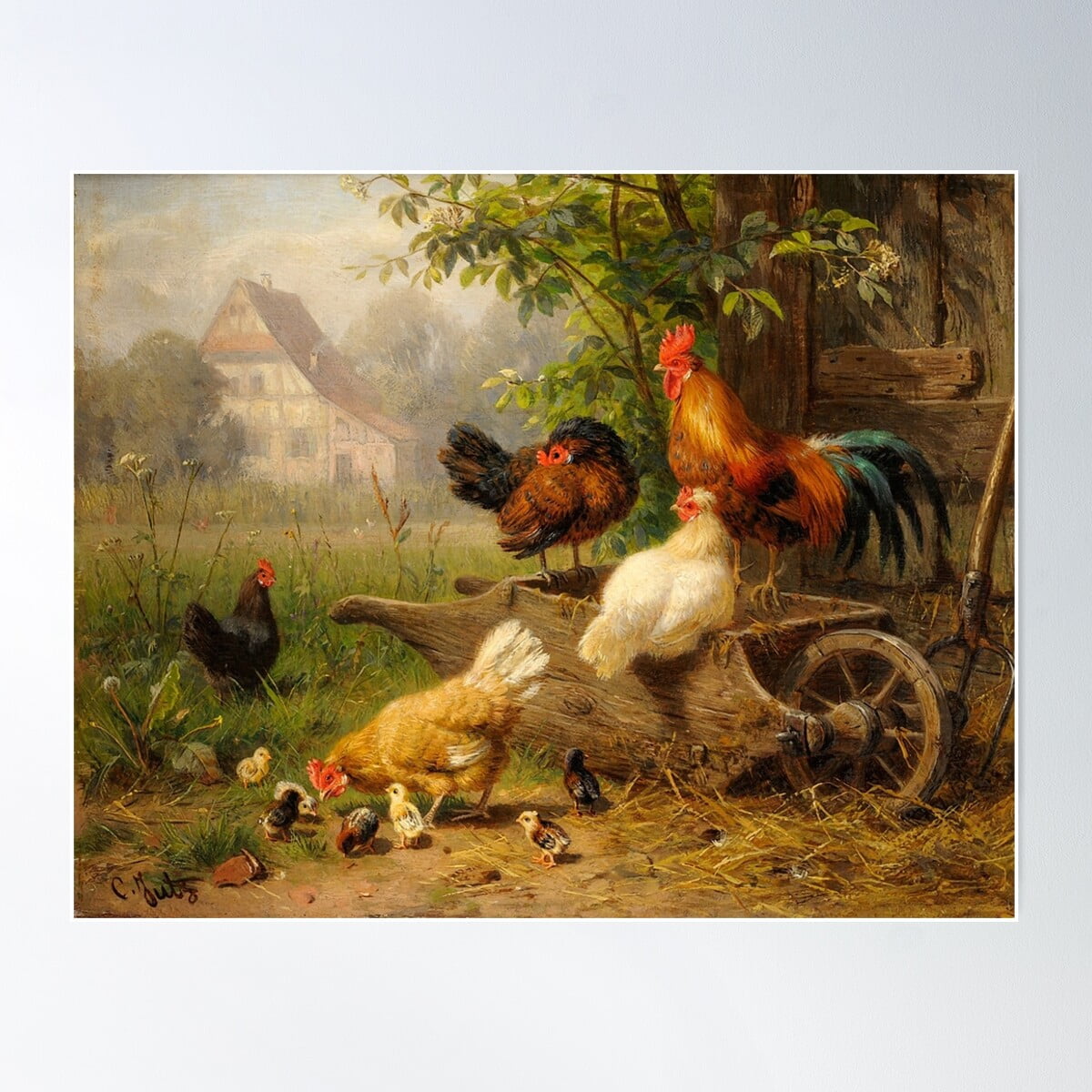 A Watchful Eye ,Rooster,Hens And Chickens With Wheelbarrow In ...
