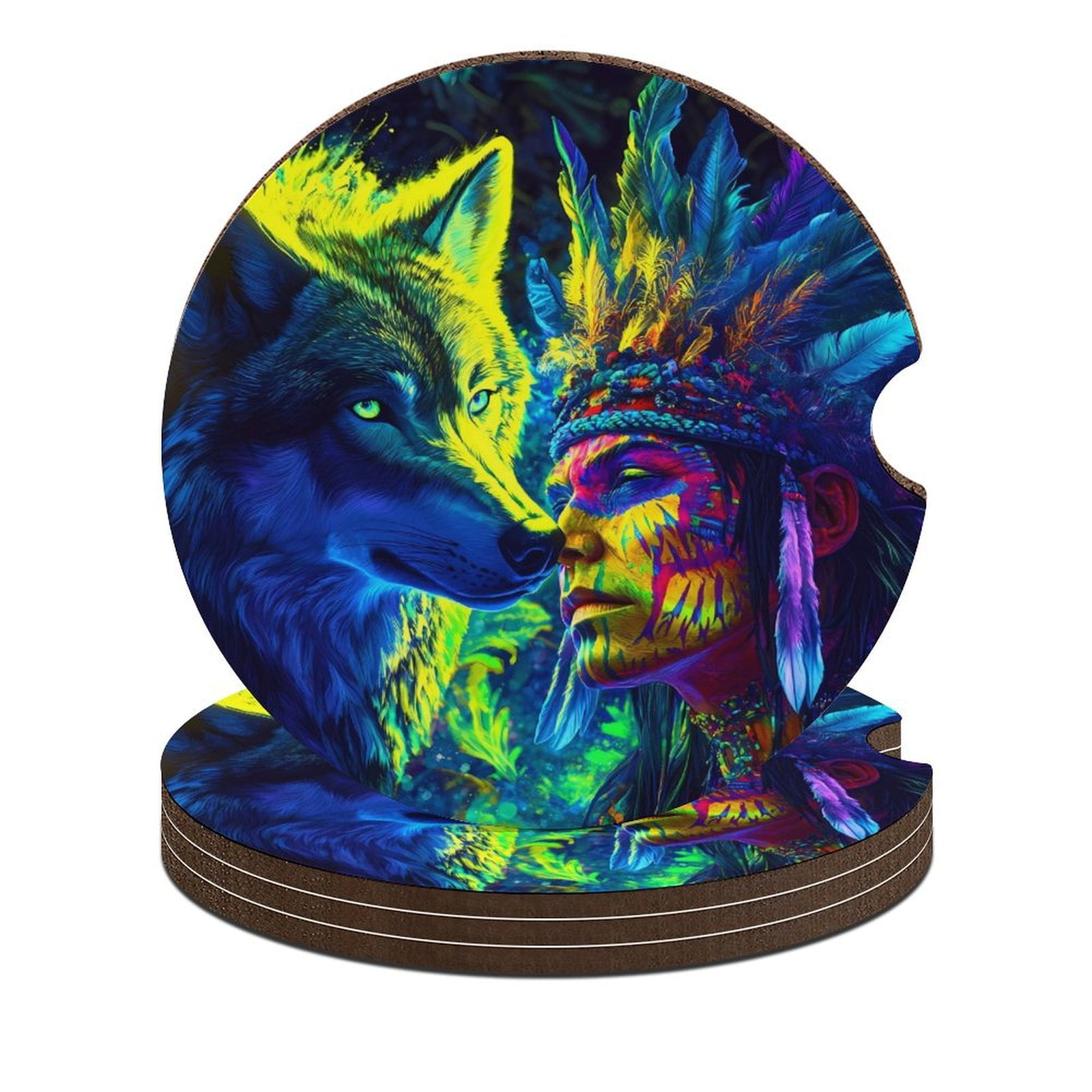 A Wolf And An Native Indian Car Coasters for Drinks with A Finger Notch ...