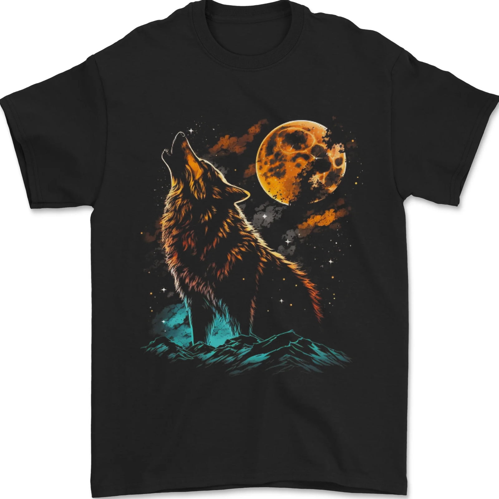 A Wolf Howling With the Moon at Night Mens T-Shirt 100% Cotton ...