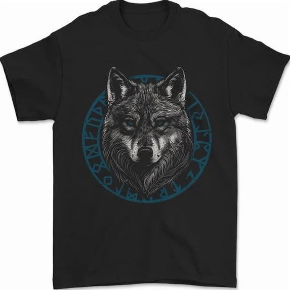 A Wolf In Viking Symbols Text Valhalla Mens Womens S-5XL T-Shirt ...