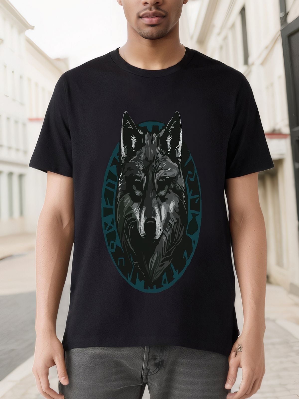 A Wolf in Viking Symbols Text Valhalla Mens Cotton T-Shirt Tee Top ...
