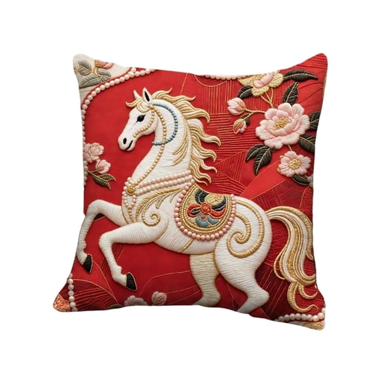 A Year Of The Horse Themed Decorative Pillow Cover Red Festive Print ...