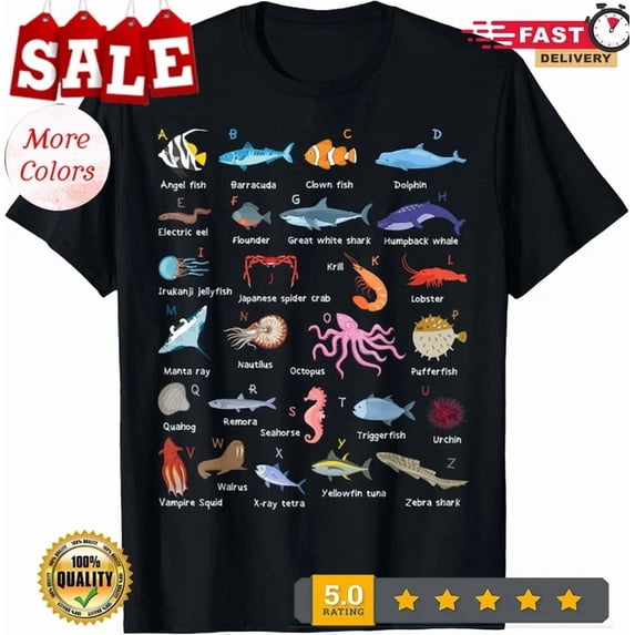 A-Z Ocean Life Exploration Sea Creatures Alphabet T-Shirt Birthday ...