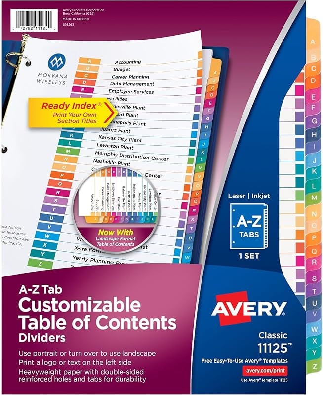 A-Z Tab Dividers for 3 Ring Binder, Customizable Table of Contents ...