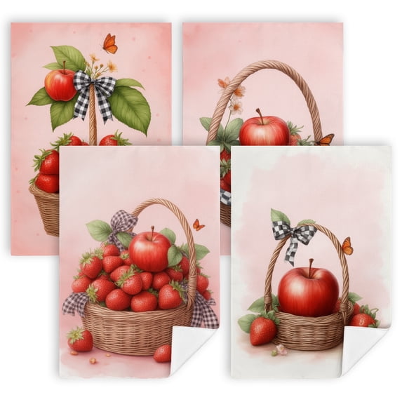 A basket full of strawberries and an apple with a butterflykitchen dish ...