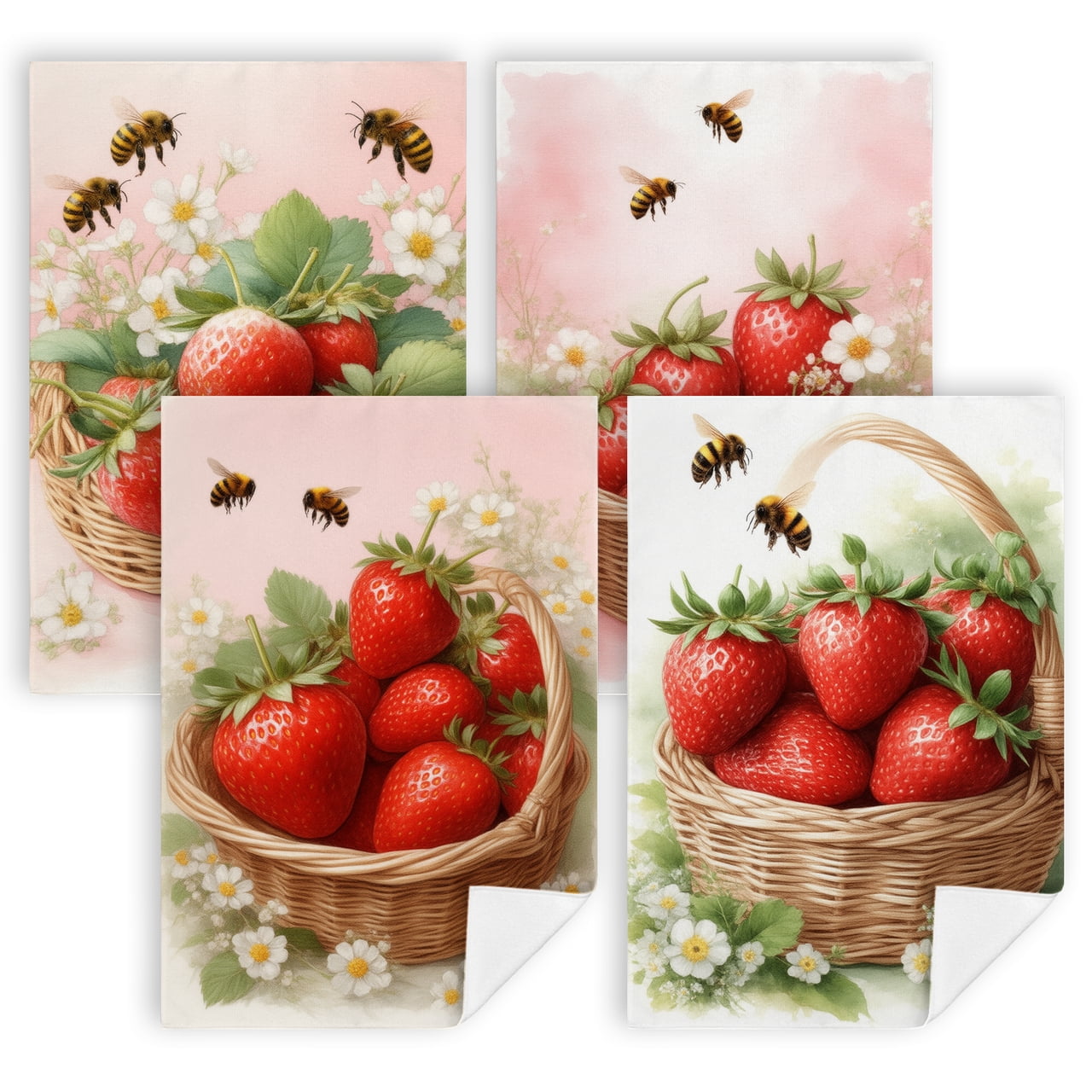 A basket full of strawberries and bees on a pink backgroundkitchen ...