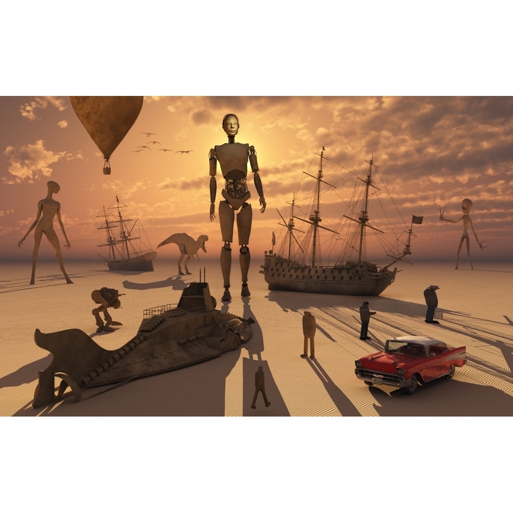 A bizarre and surreal sculpture park setup in a desert environment ...