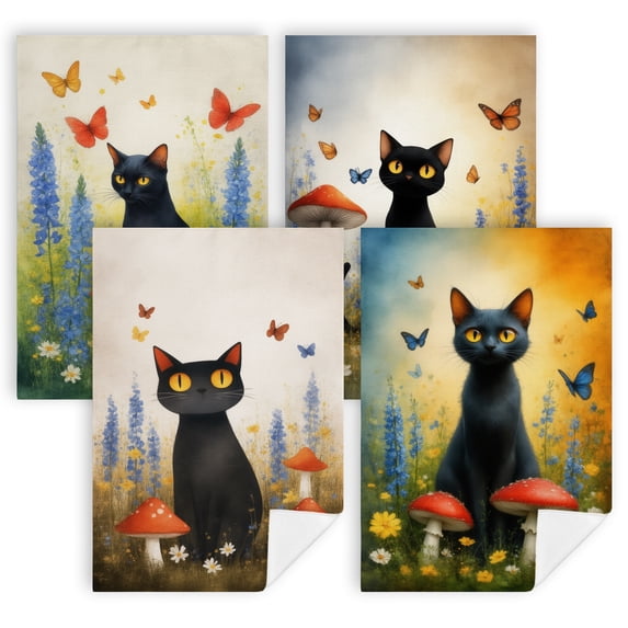 A black cat sitting in a field of flowers and butterflieskitchen dish ...