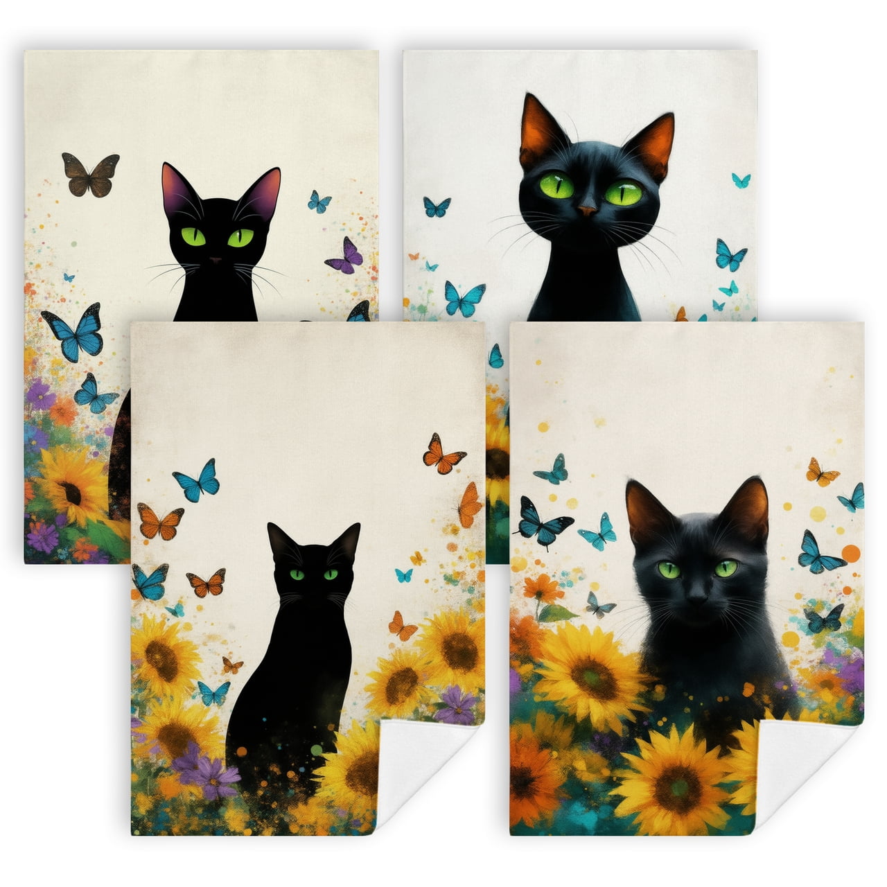 A black cat sitting in a field of flowers and butterfliestea towelsSet ...