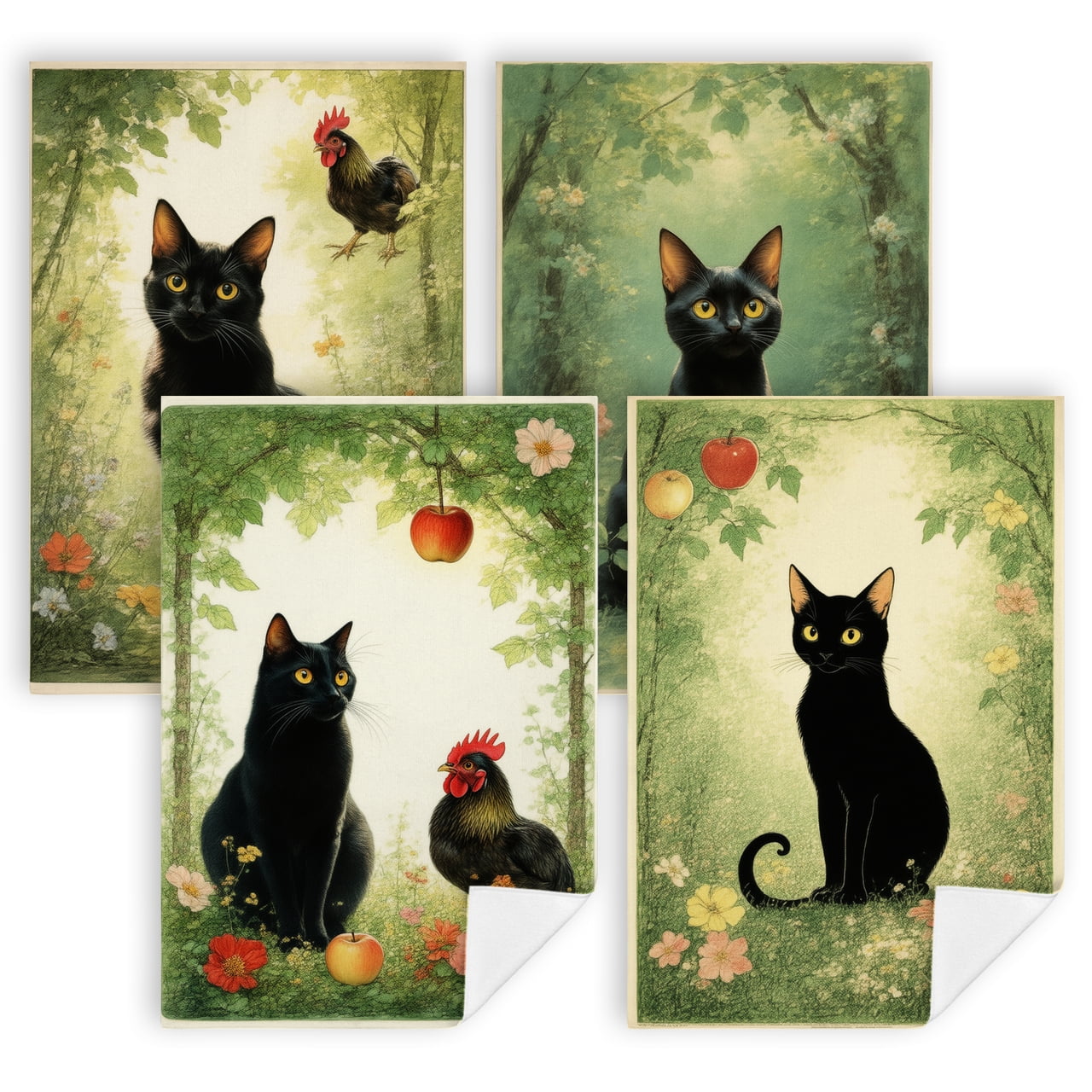 A black cat sitting in a field of flowers next to a roosterkitchen ...