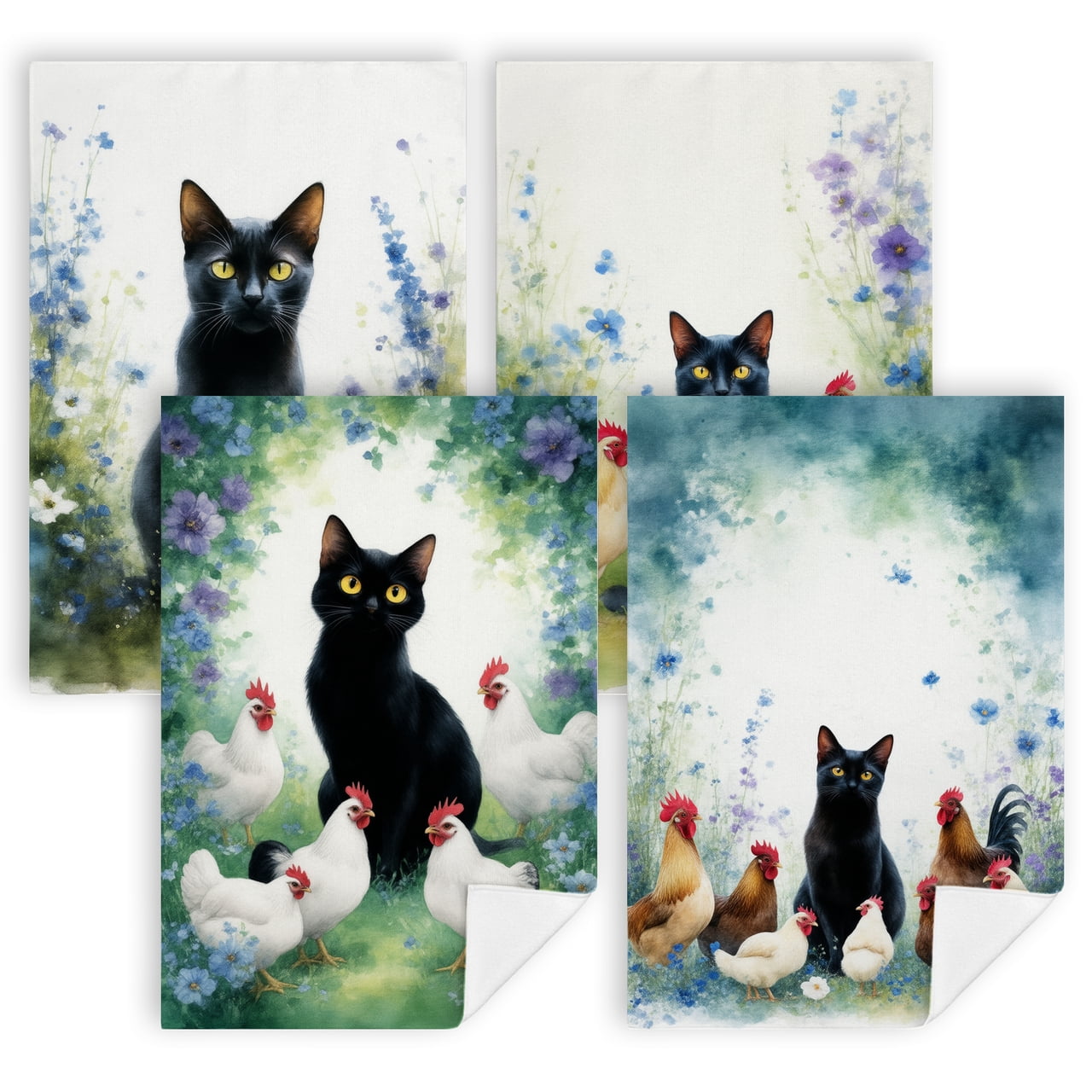 A black cat sitting in a field of flowersdish towels4-Pack 16 by 24 ...