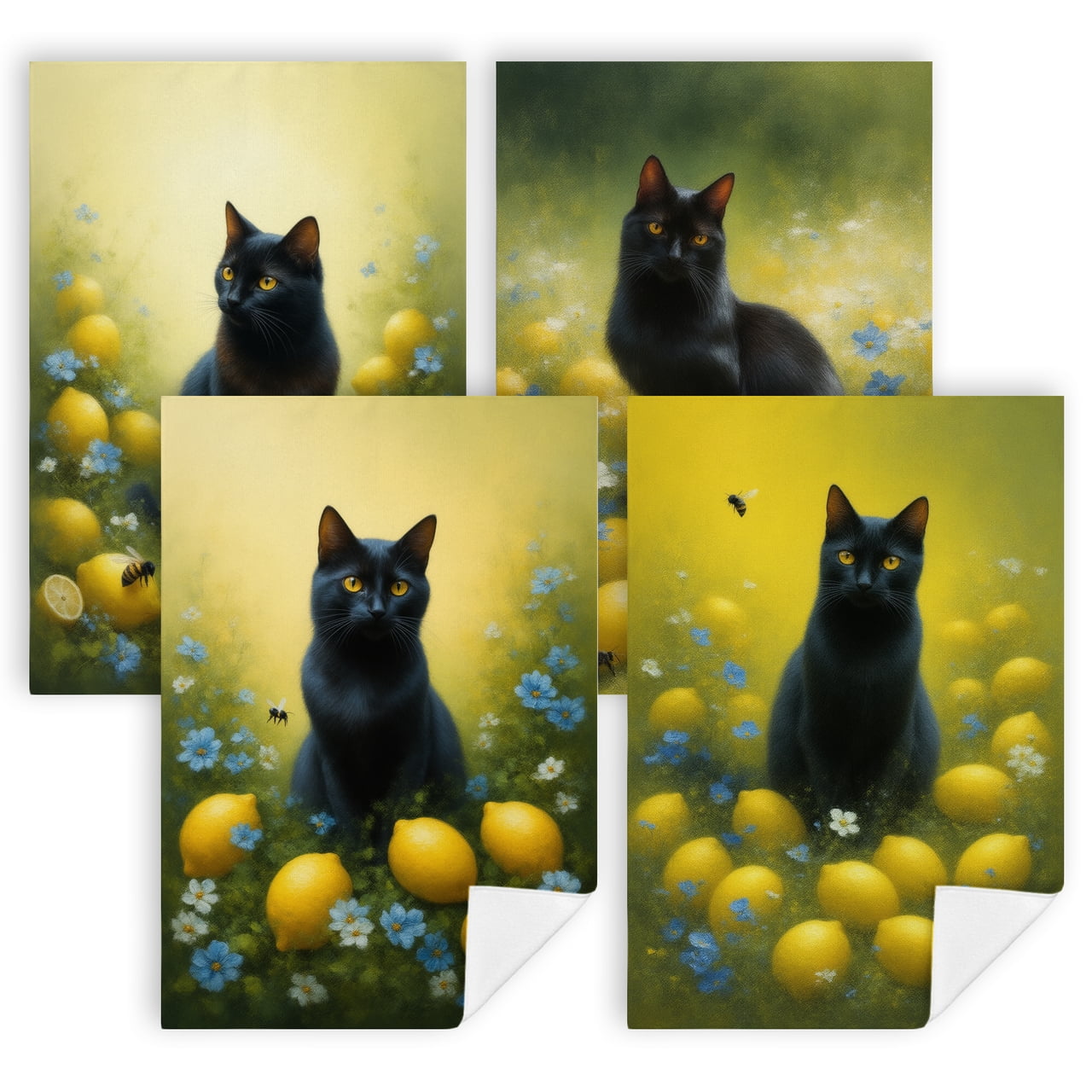 A black cat sitting in a field of lemonskitchen dish towels4 Pieces 16 ...