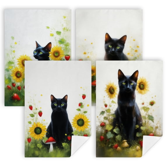 A black cat sitting in a field of sunflowers and strawberriespaÃ±os de ...